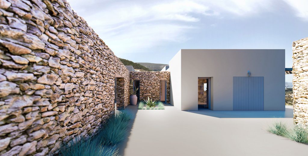 The Four-Volume House Paros stone wall with contrasting white volume ...